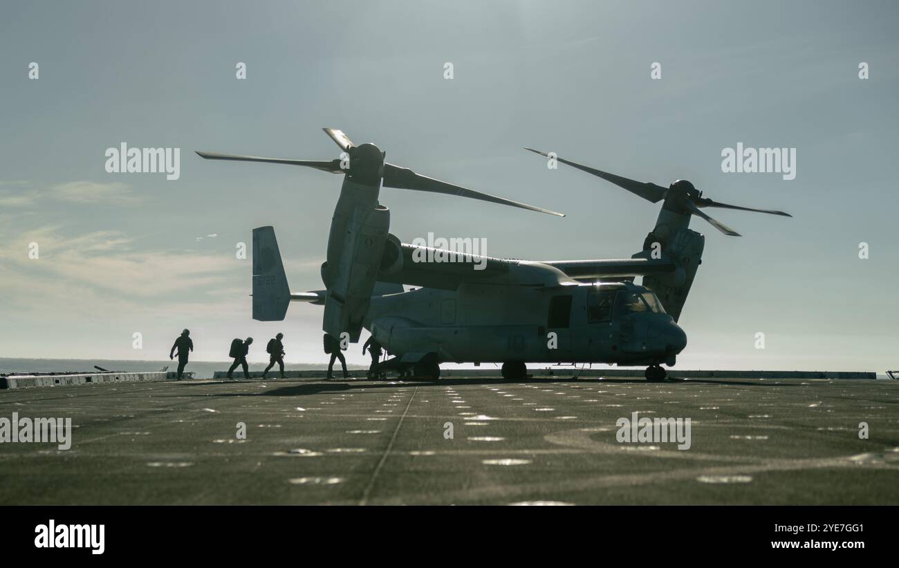 A U.S. Marine Corps MV-22B Osprey assigned to Marine Medium Tiltrotor Squadron (VMM) 163, Marine ...