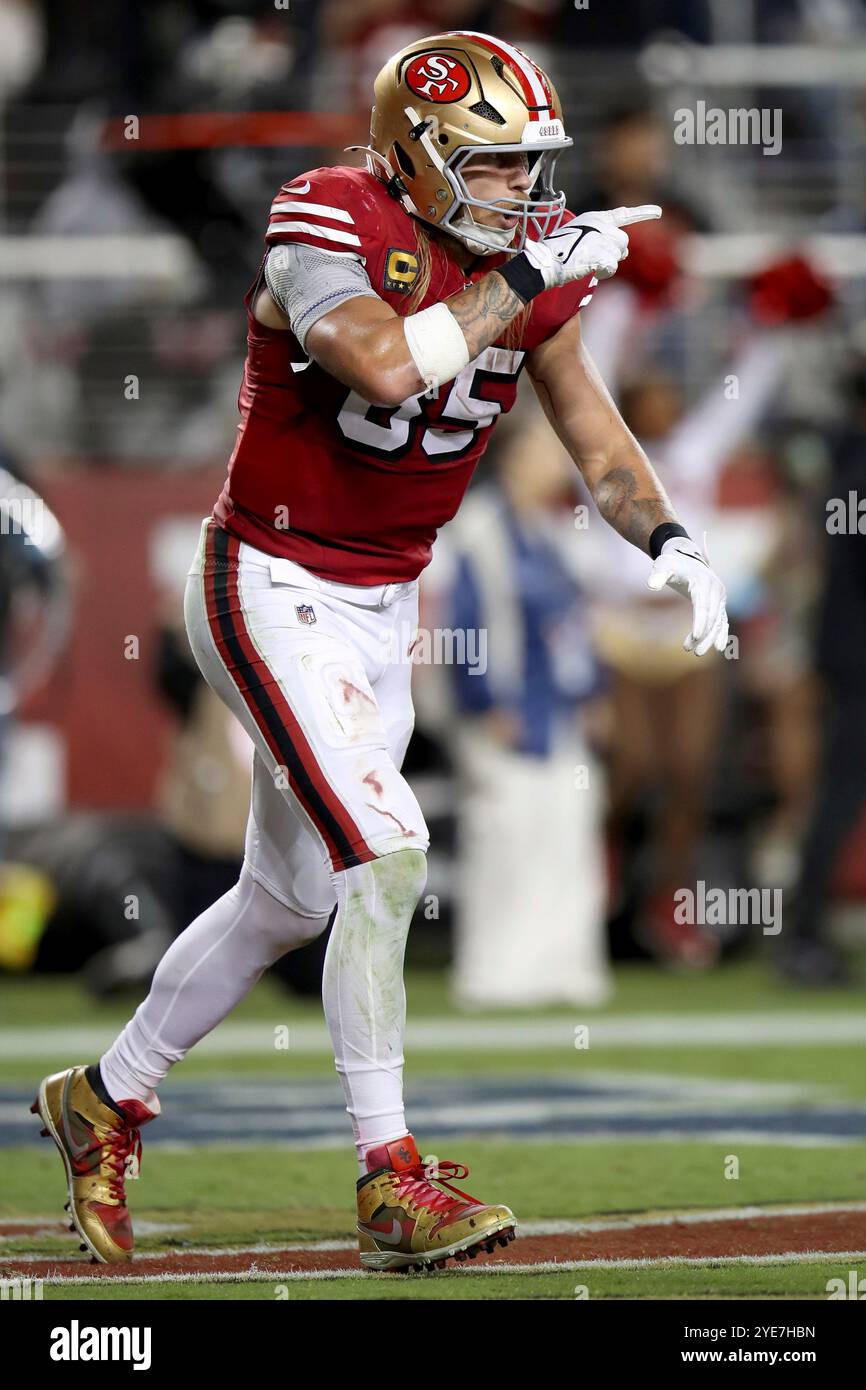 San Francisco 49ers tight end George Kittle (85) celebrates a score ...
