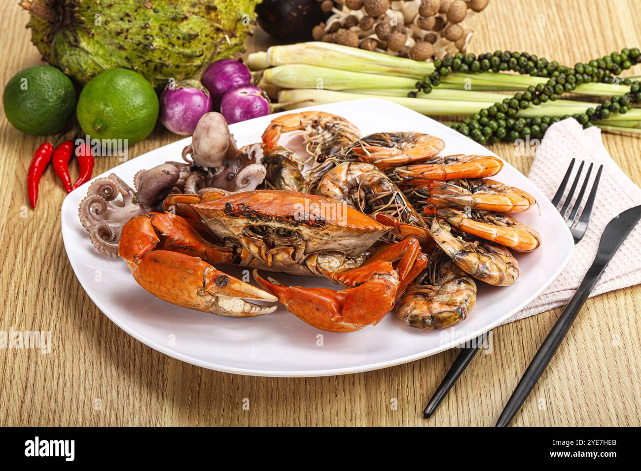 Luxury seafood mix - crab, tiger prawn, octopus Stock Photo - Alamy