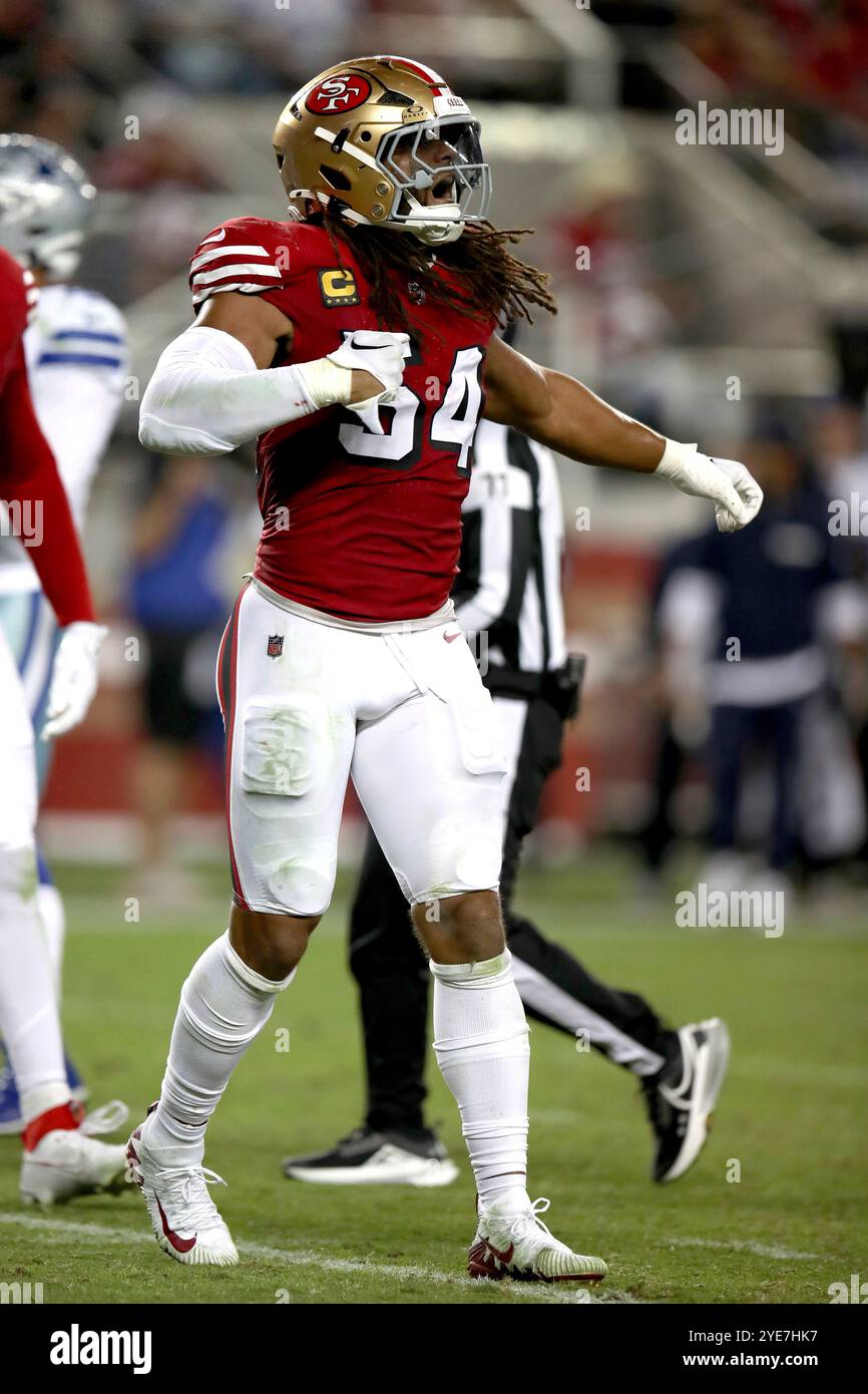 San Francisco 49ers linebacker Fred Warner (54) reacts after a play in ...