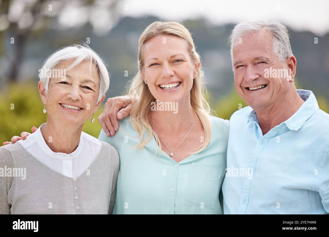 Happy, portrait and woman with senior mother, father and hug in nature ...