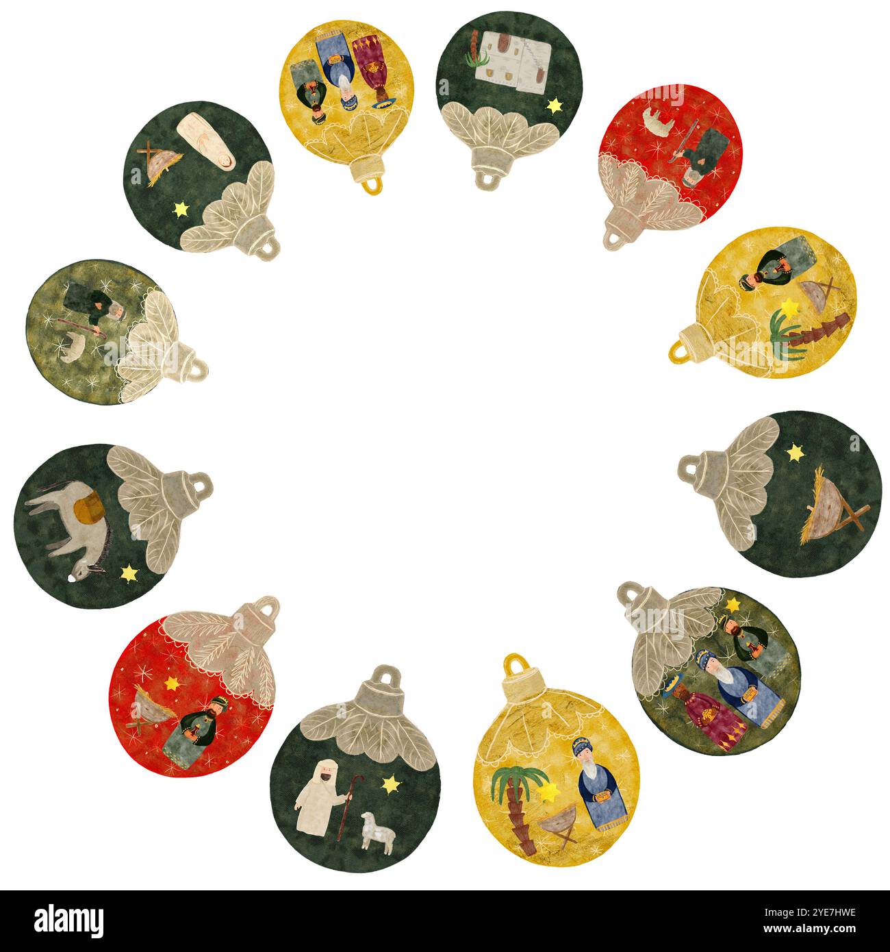 Christmas tree decorative ball with nativity scene round frame isolated ...