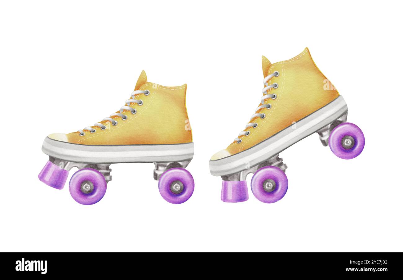 A pair of retro style roller skates in yellow acid color with white ...
