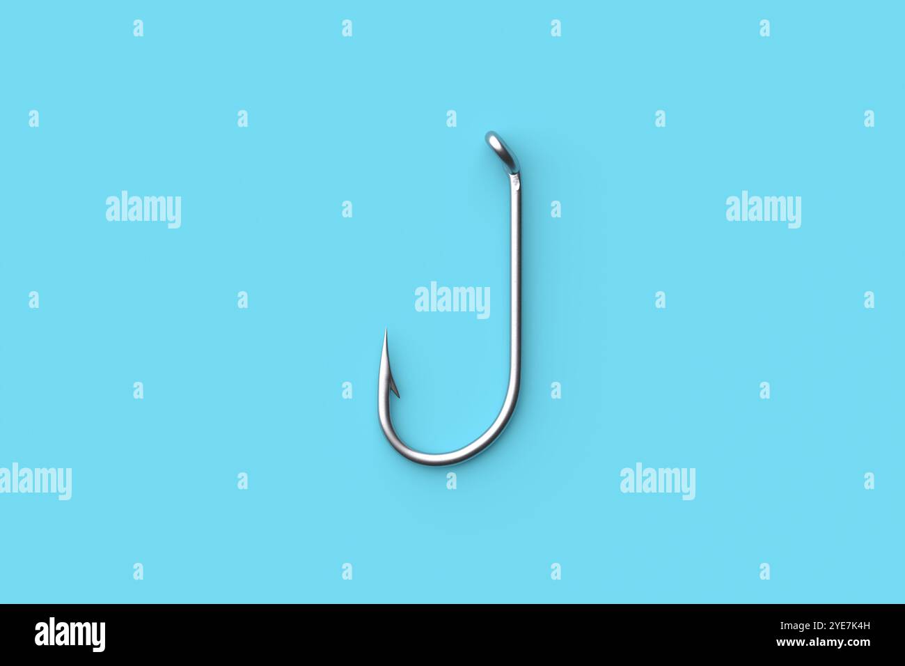 Fishing concept. Shiny metallic fish hook on blue colored background ...