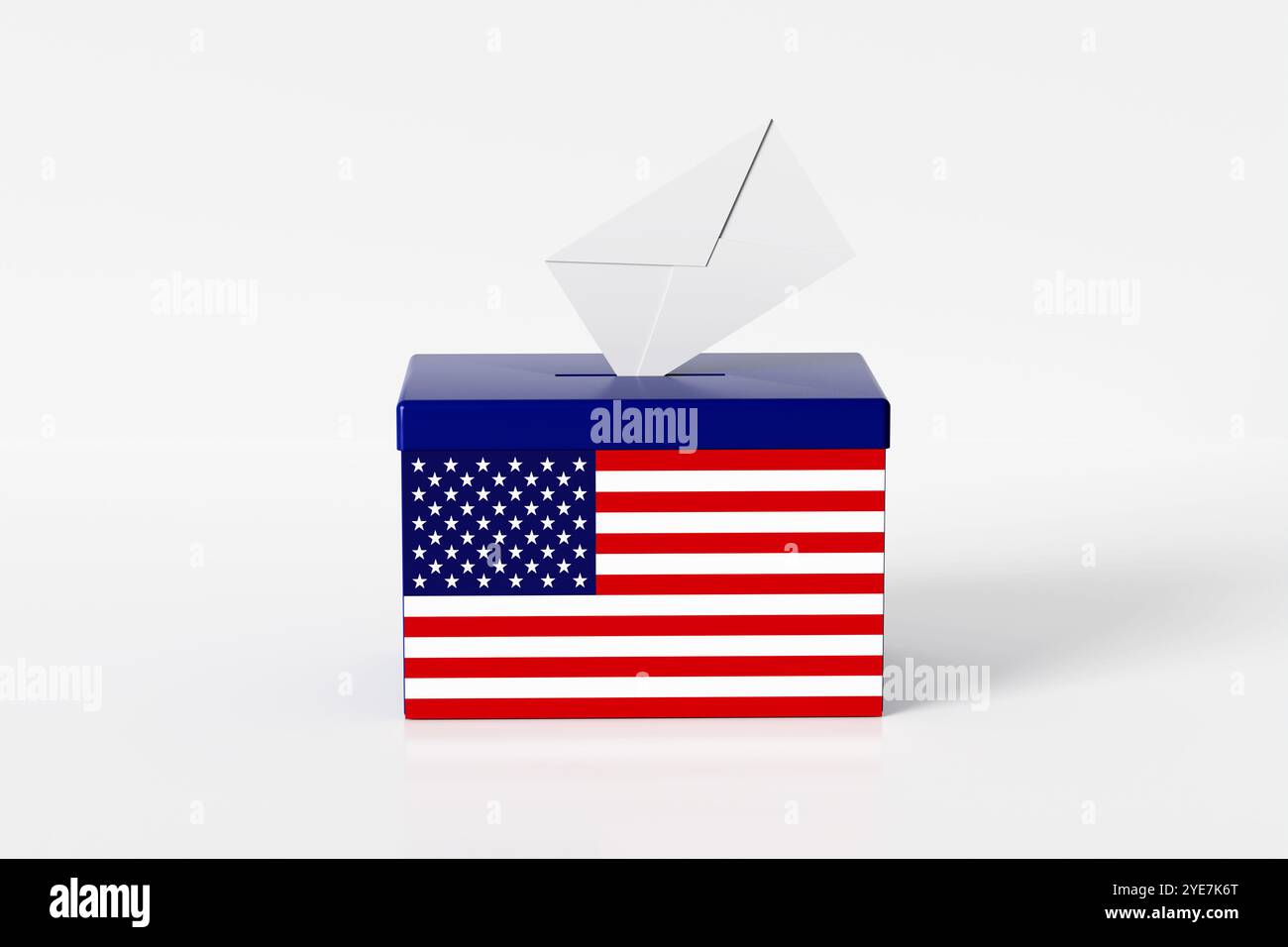 American flag ballot box with a vote being cast against a white ...
