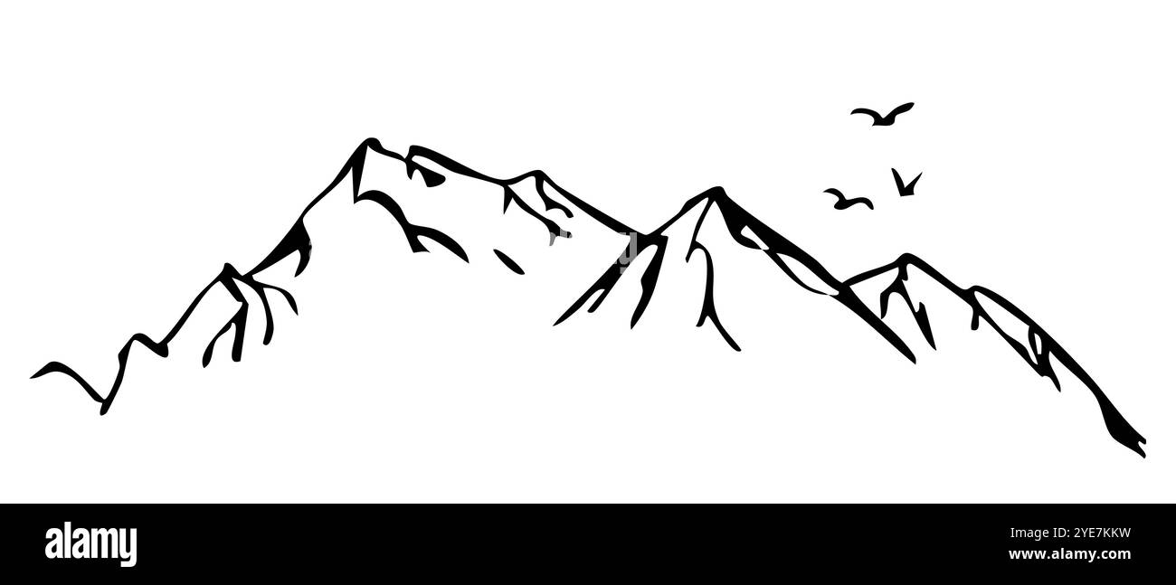 Mountain ridge, snowy peak, line wild nature. Hand drawn landscape, map ...