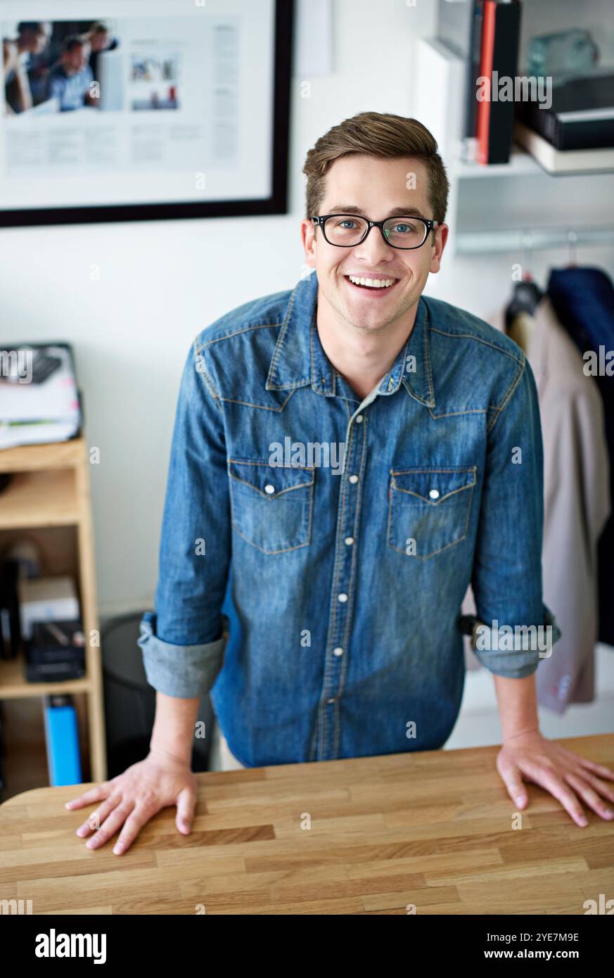 Retail, businessman and smile in portrait for fashion, manufacturing ...