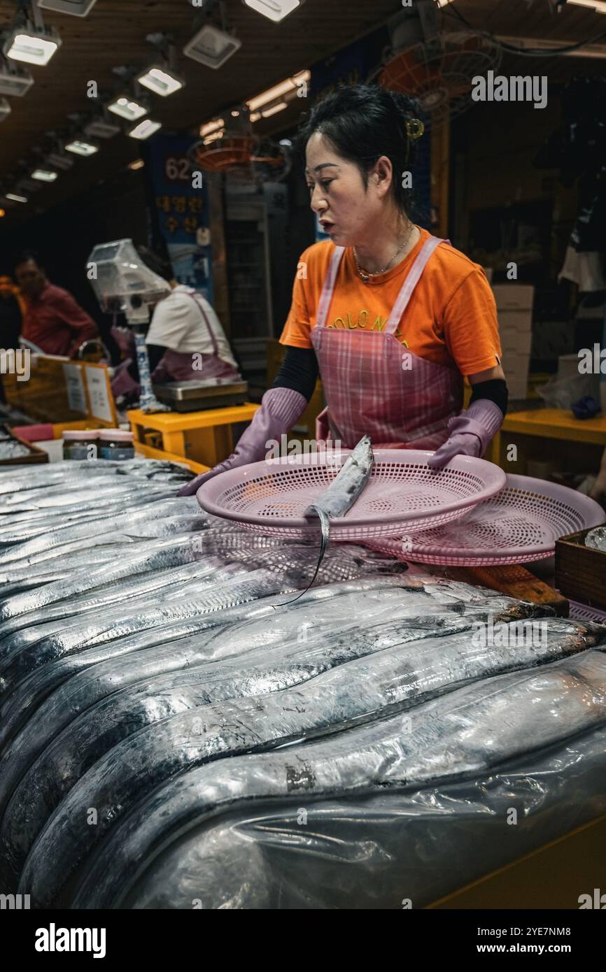 Korean woman selling fresh fish on the market in Jeju island South ...