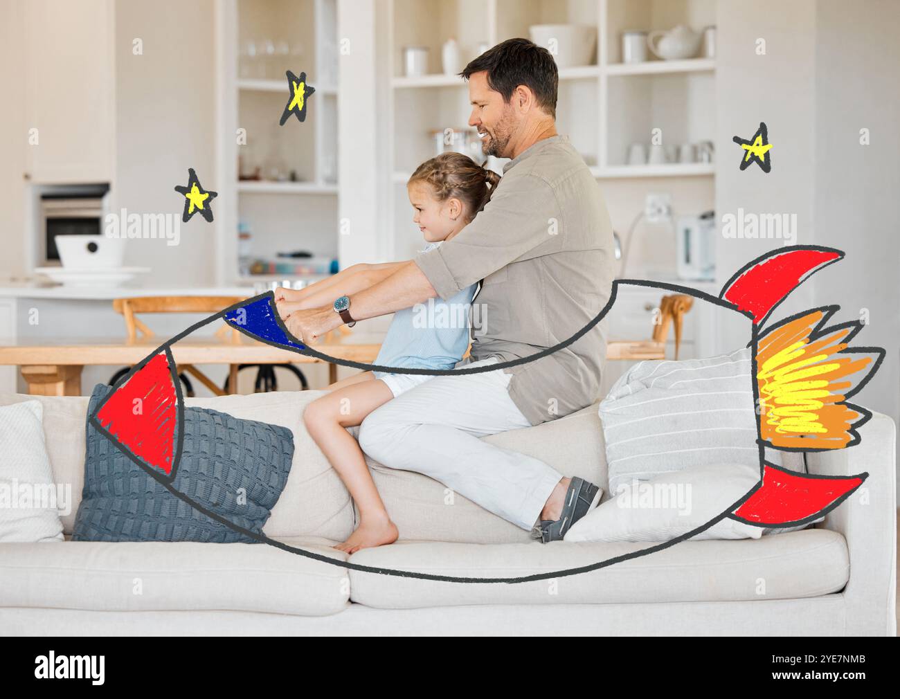 Imagine, dad and child in home with rocket, fantasy and drawing overlay ...