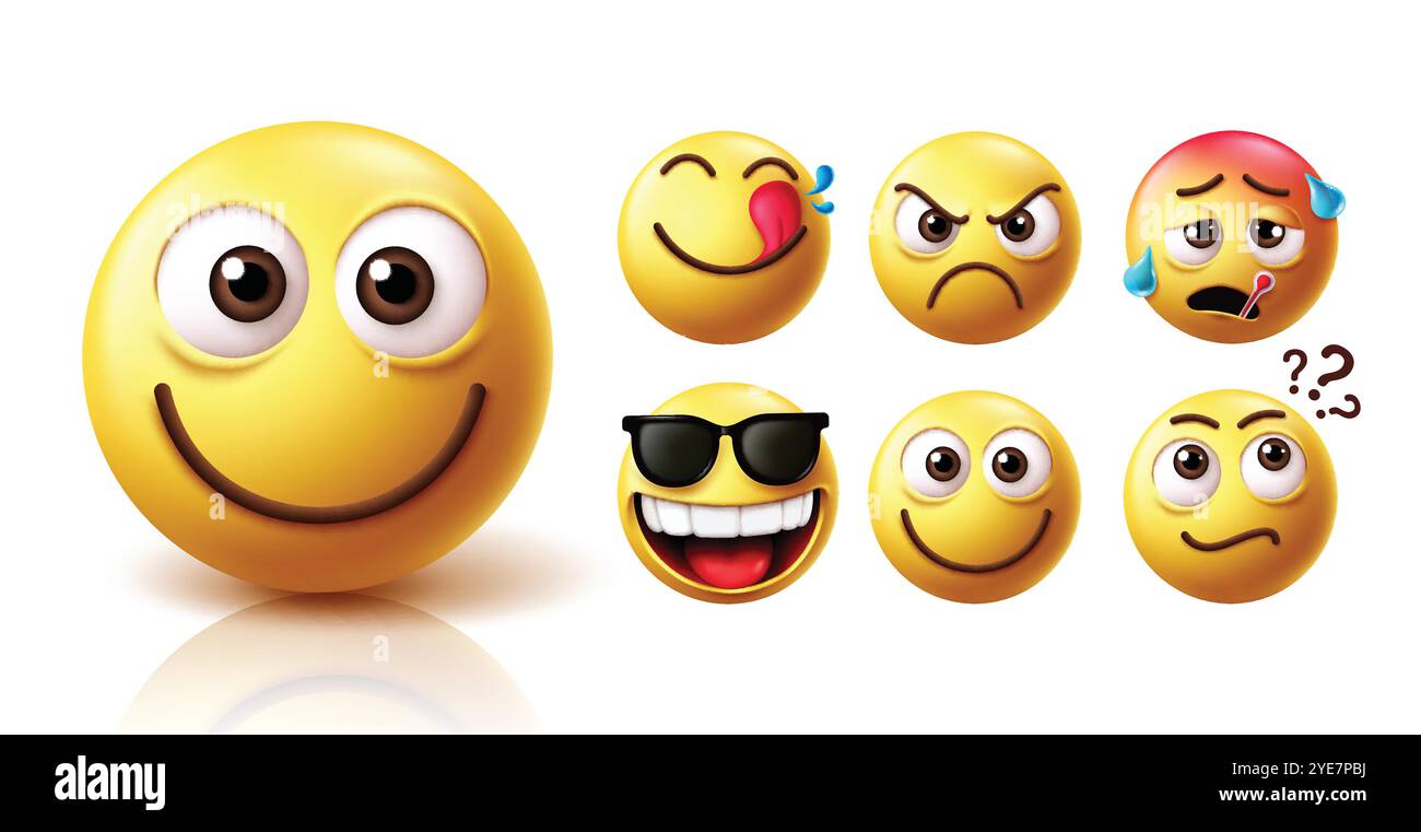 Emoji smiling face emoticon vector set. Emojis character in cute smile ...