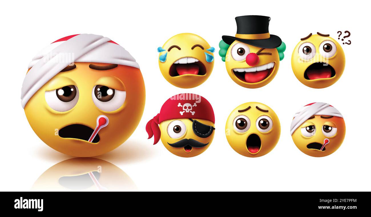Emoji sick character vector set. Emoticon illness like flu, fever, weak, unwell and bandage with ...
