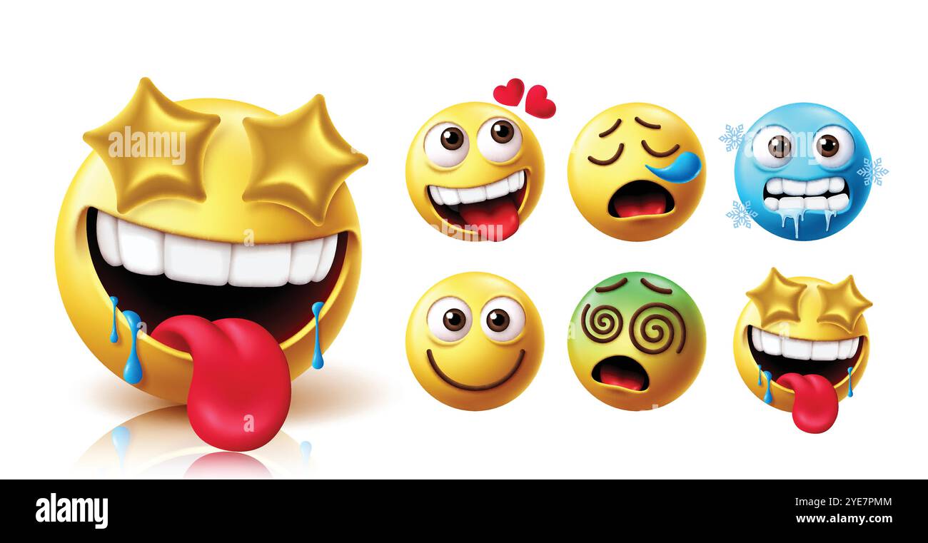 Emojis hungry face emoticon vector set. Emoticons yummy, starving and ...