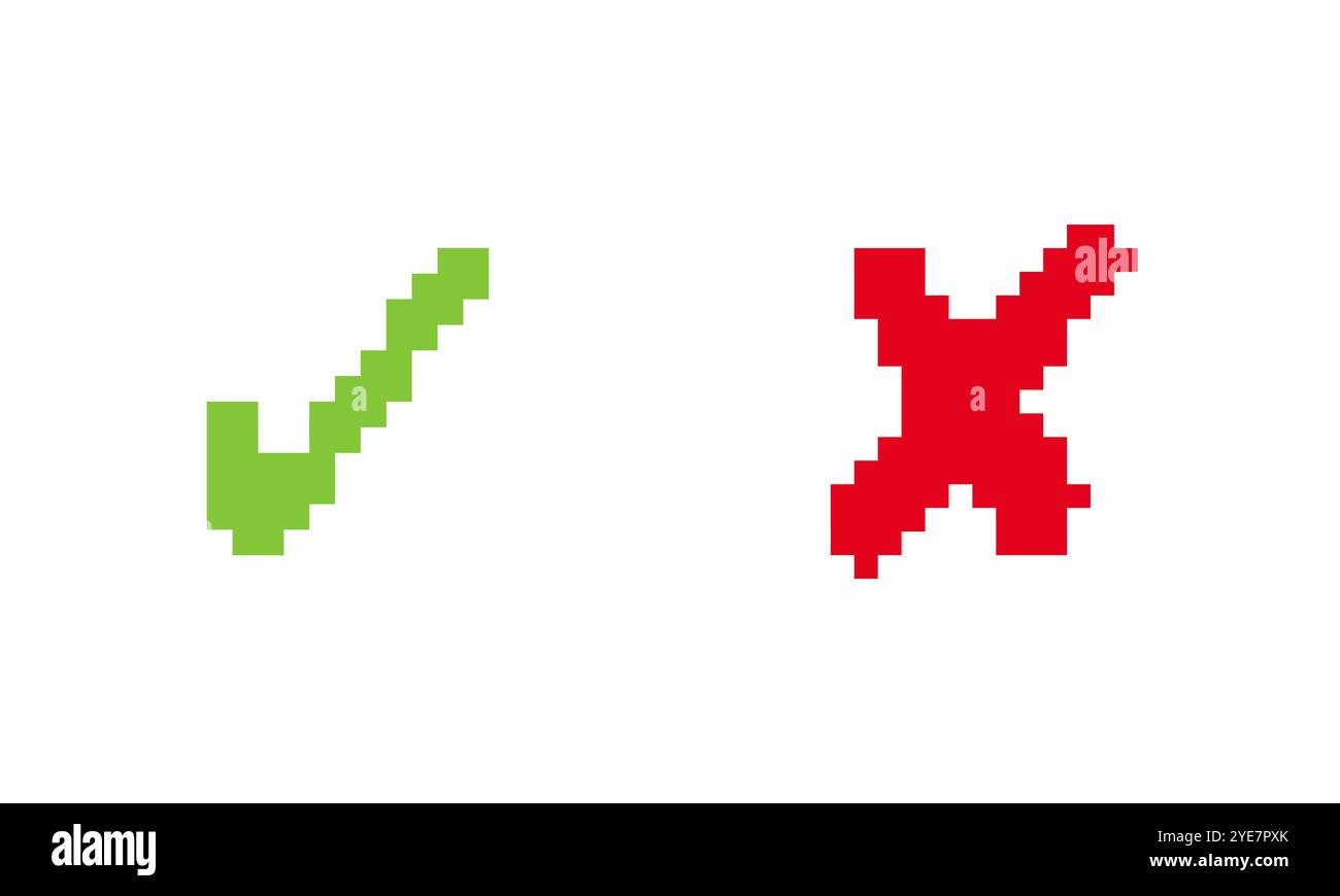 Approval and Rejection Symbol in UI Design. Pixel Art Green Check and Red Cross Icon. Correct ...