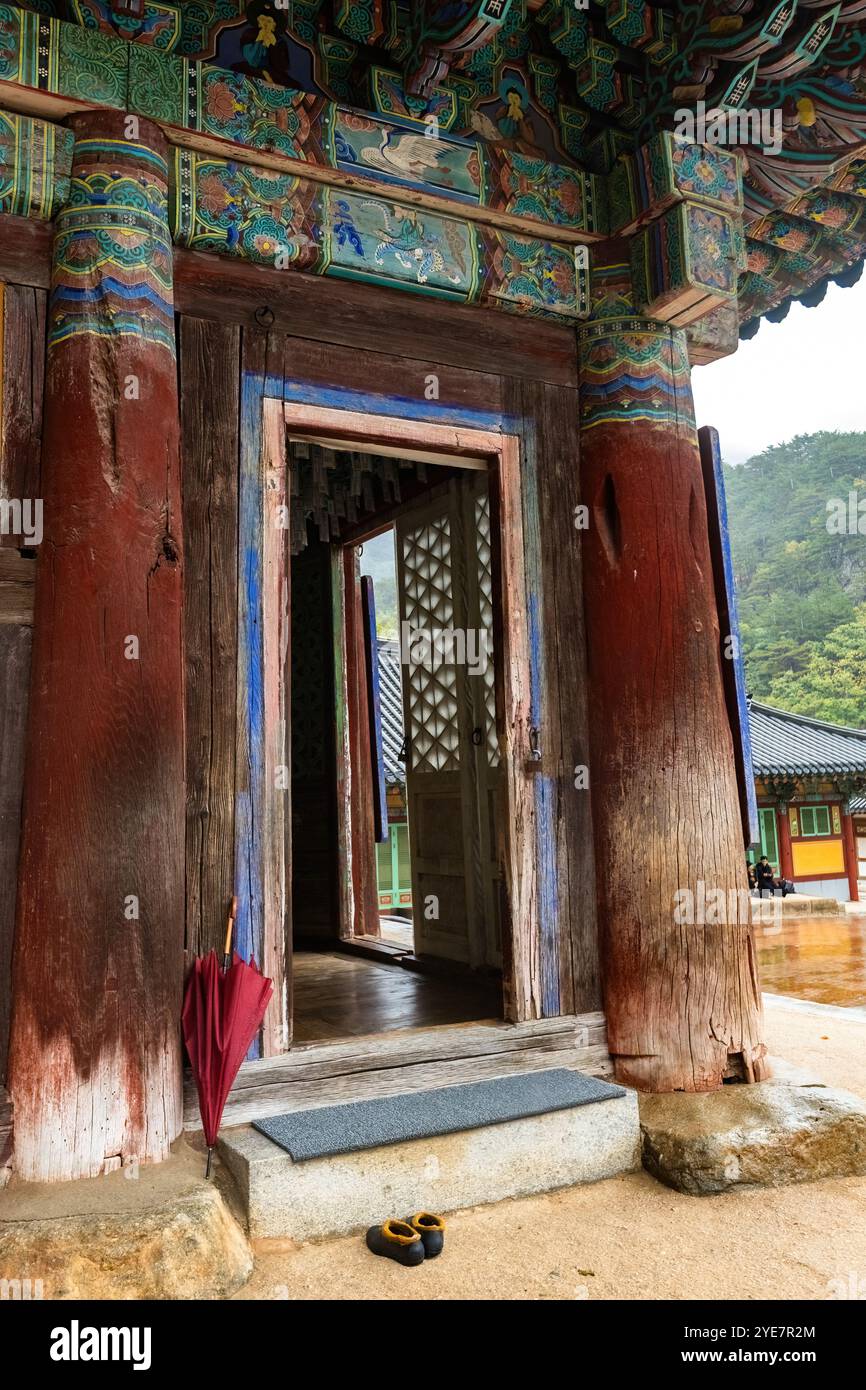 Entrance at the ancient Buddhist temple in South Korea with umbrella ...