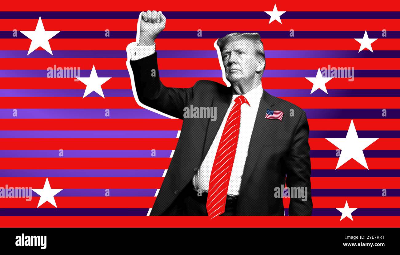 Illustrative photo collage with halftone effect. Portrait of Donald ...