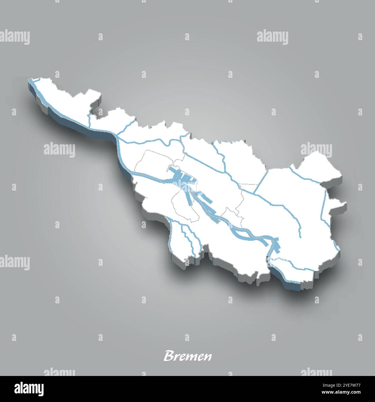 Isometric 3D map of Bremen showing rivers and lakes in blue with a gray ...