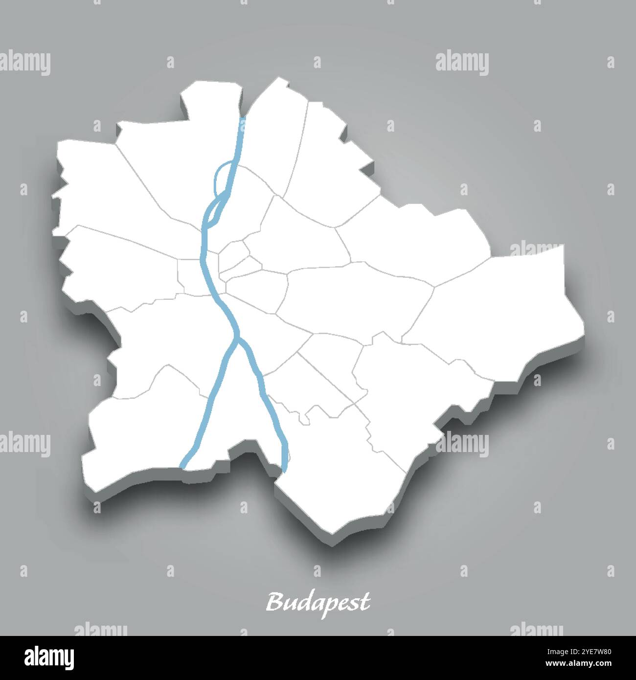 Isometric 3D map of Budapest showing rivers and lakes in blue with a ...