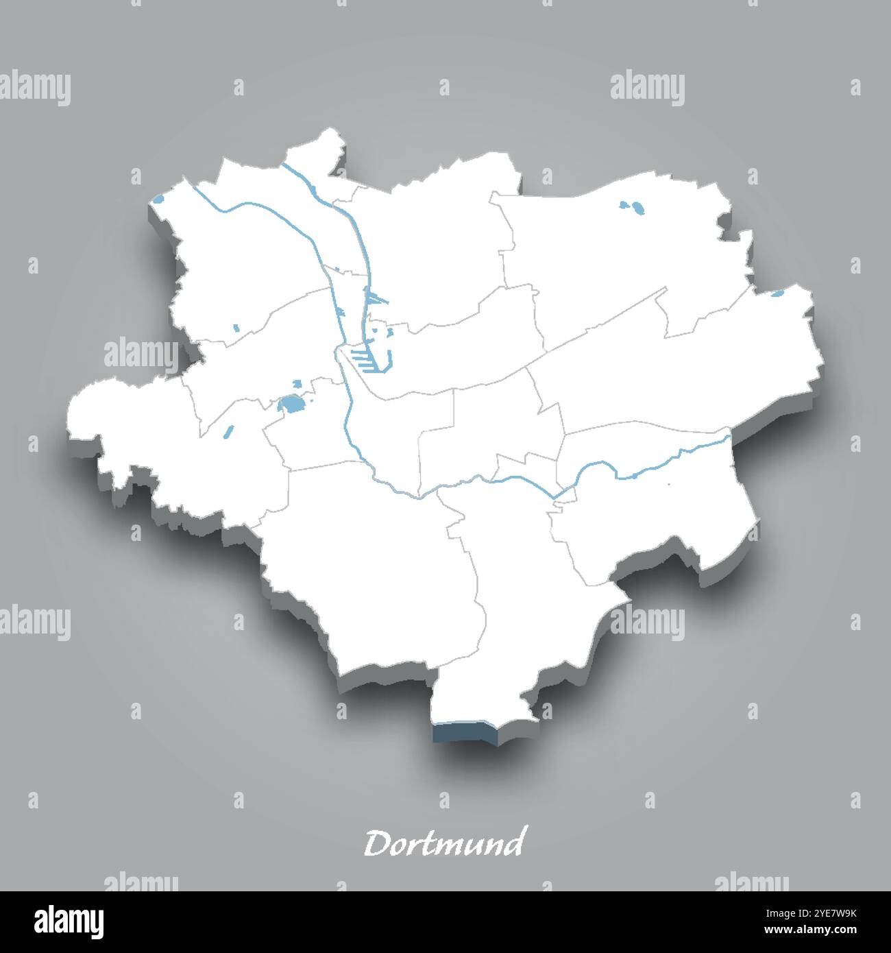 Isometric 3D map of Dortmund showing rivers and lakes in blue with a gray background Stock ...