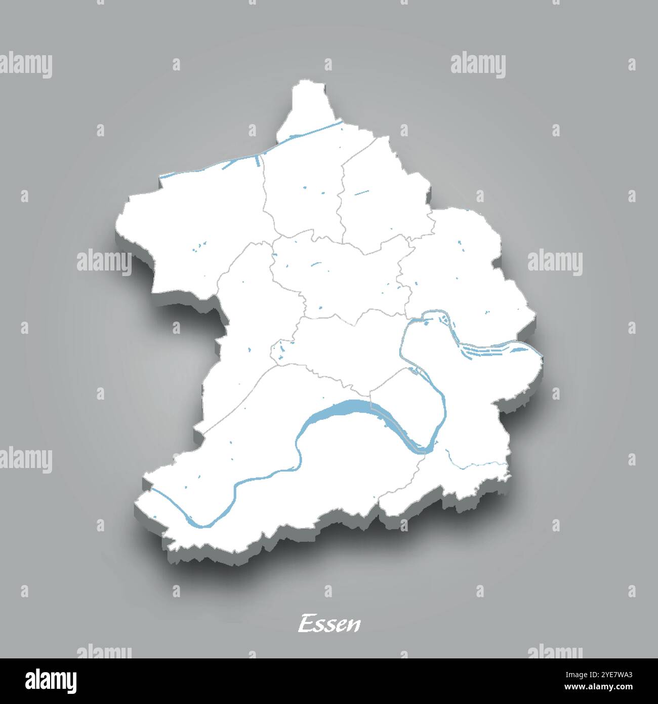 Isometric 3D map of Essen showing rivers and lakes in blue with a gray background Stock Vector ...