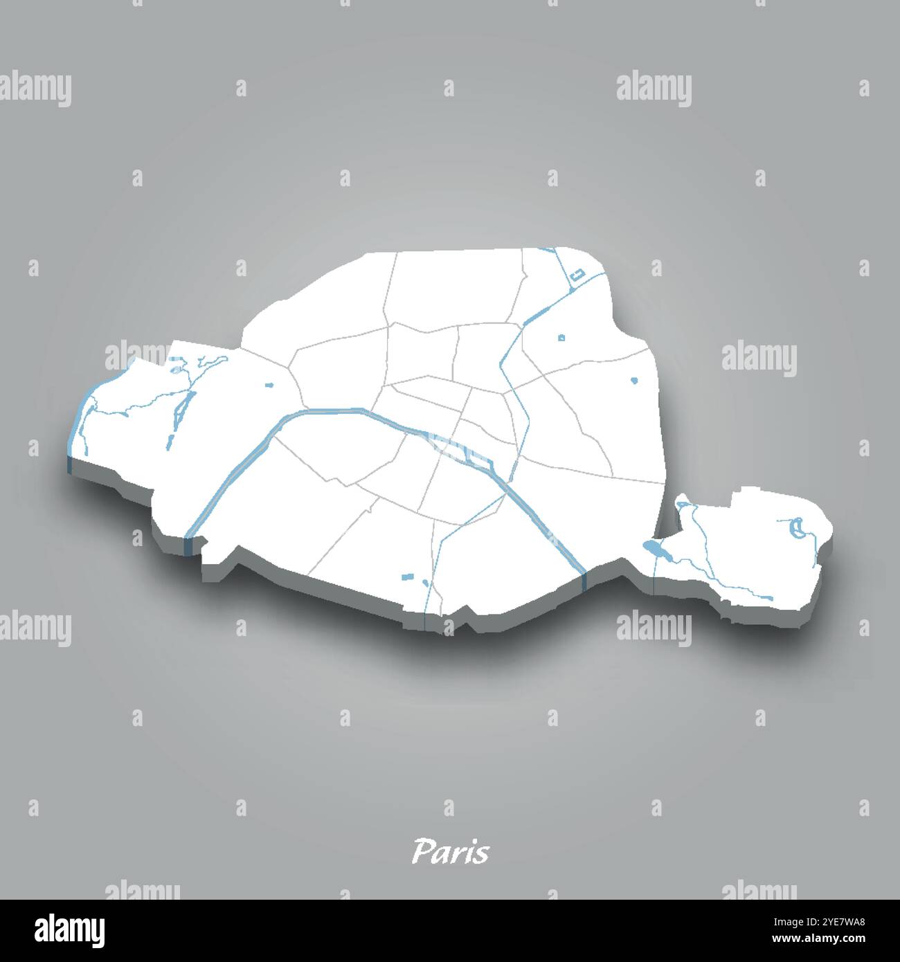 Isometric 3D map of Paris showing rivers and lakes in blue with a gray ...