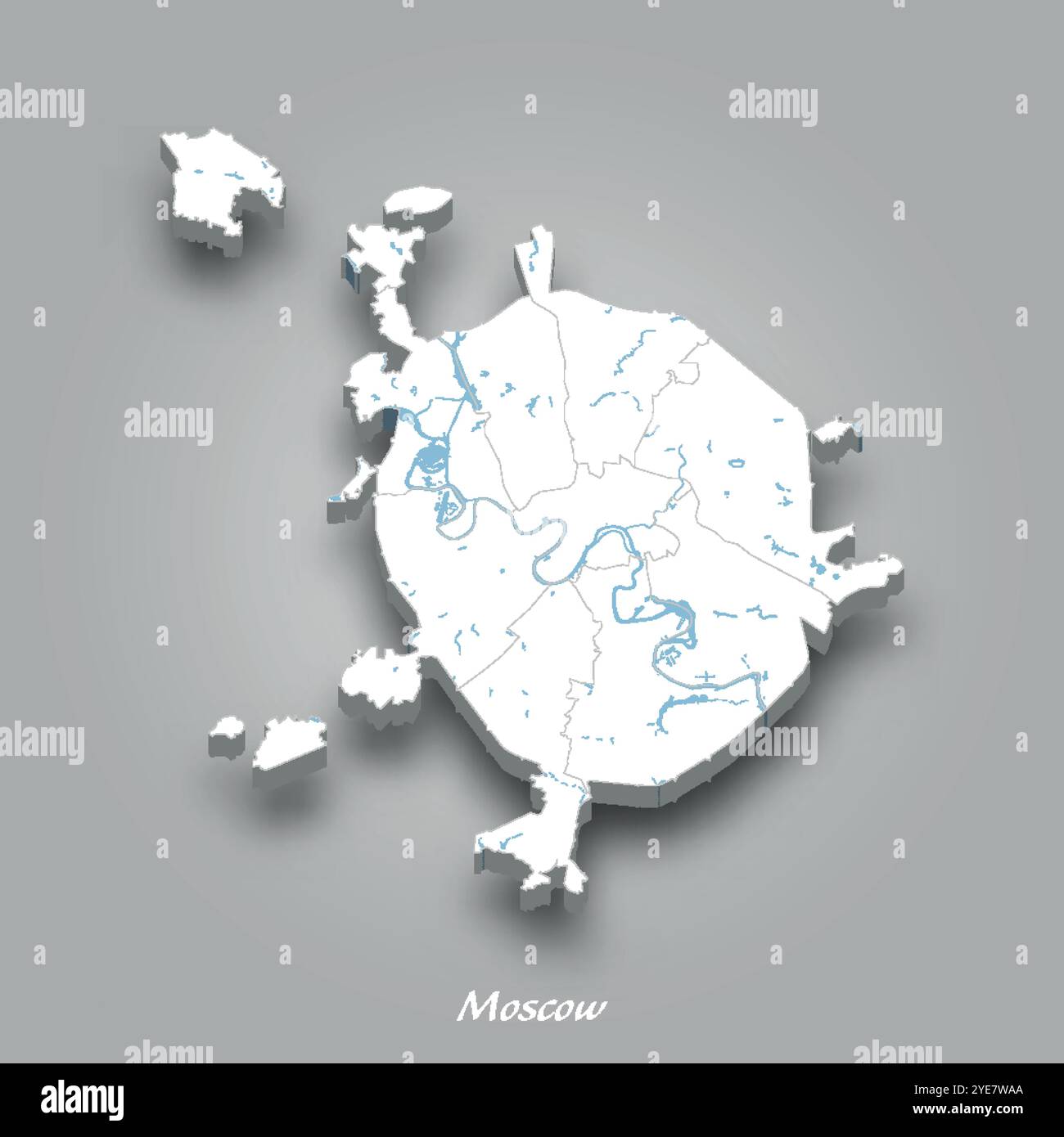 Isometric 3D map of Moscow showing rivers and lakes in blue with a gray ...