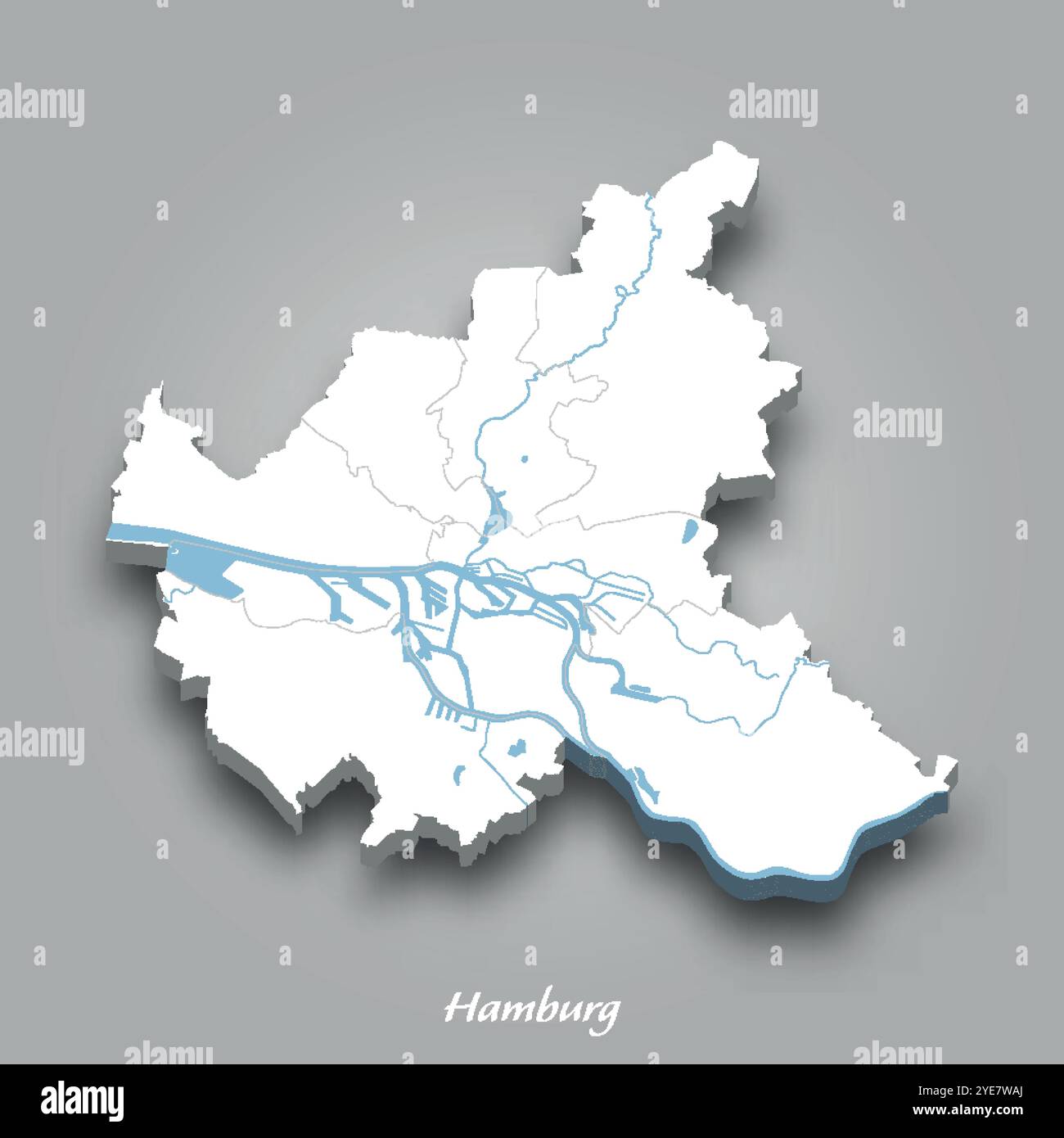 Isometric 3D map of Hamburg showing rivers and lakes in blue with a ...