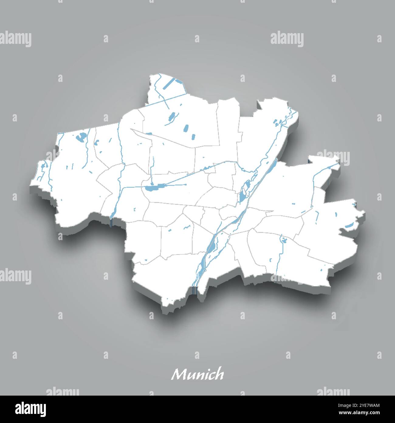 Isometric 3D map of Munich showing rivers and lakes in blue with a gray background Stock Vector ...