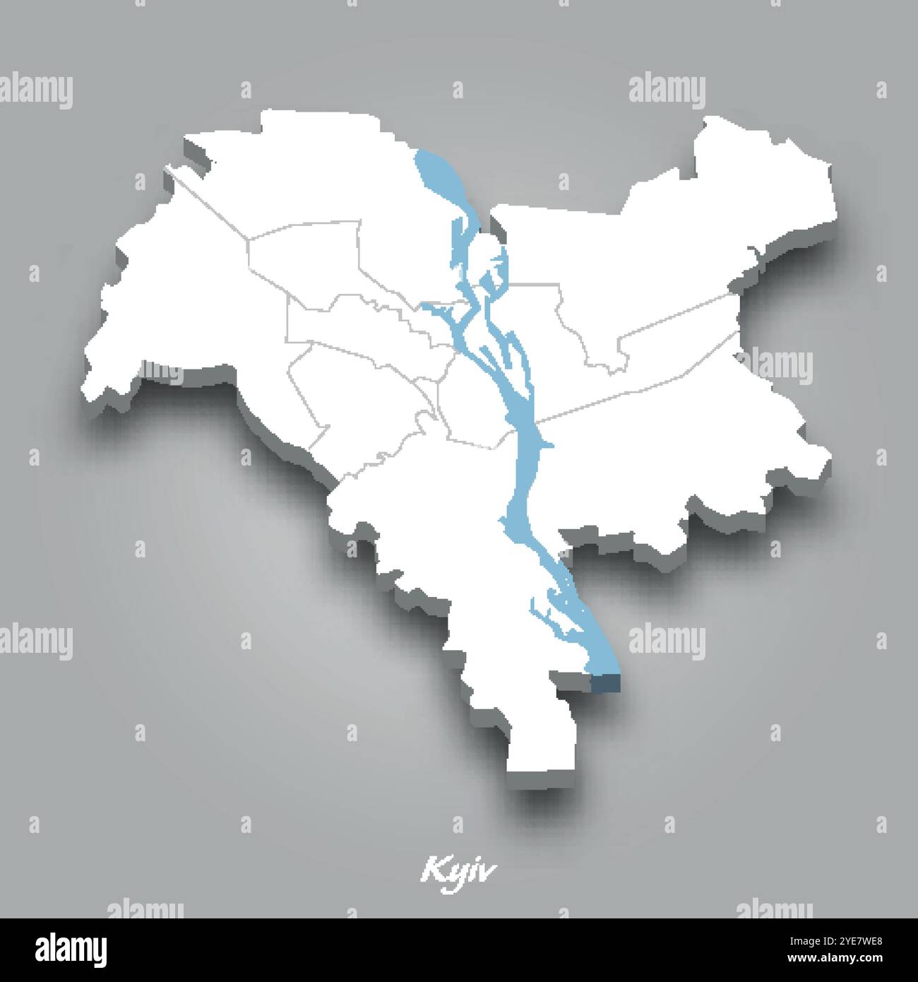 Isometric 3D map of Kyiv showing rivers and lakes in blue with a gray ...
