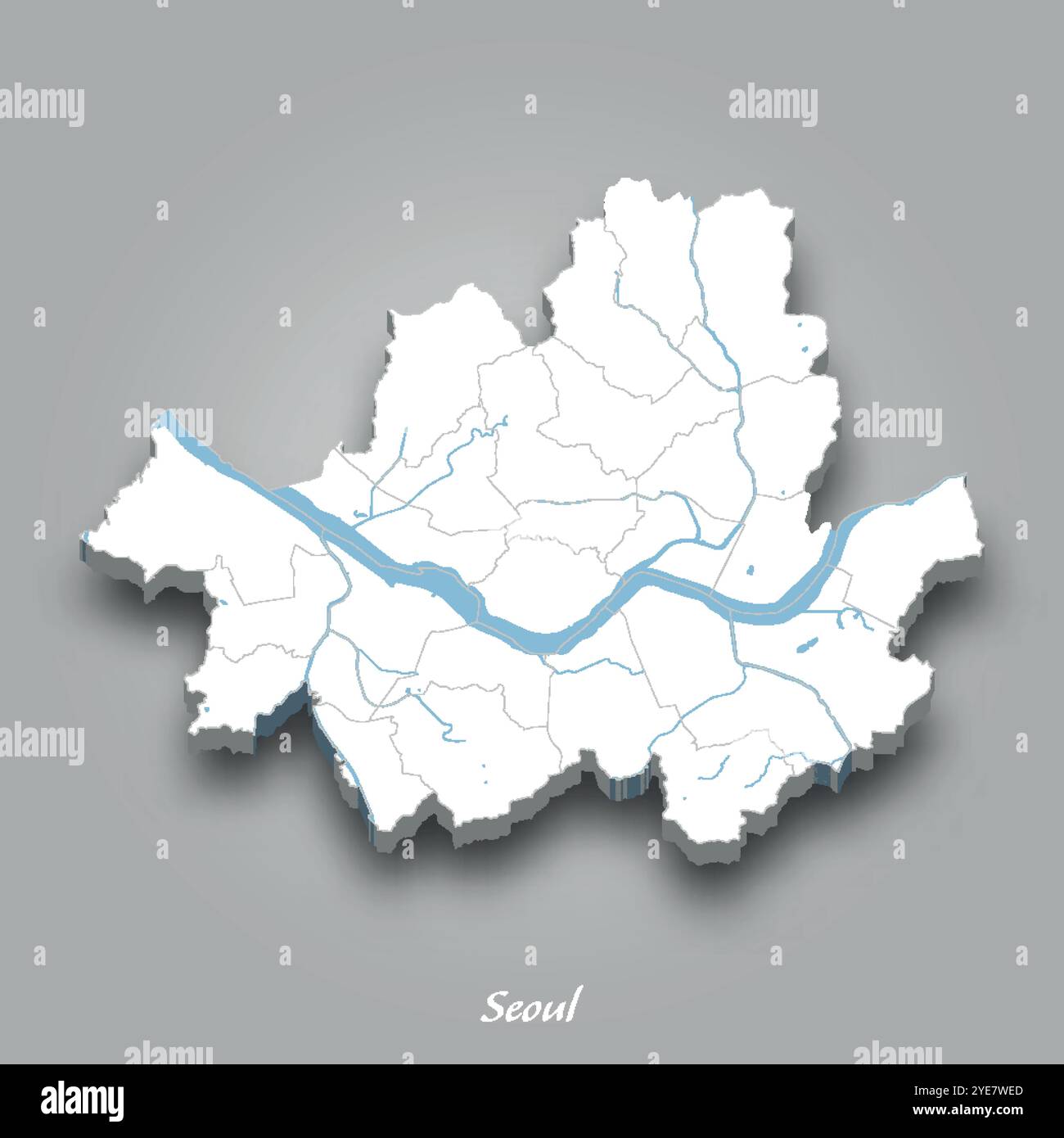 Isometric 3D map of Seoul showing rivers and lakes in blue with a gray ...