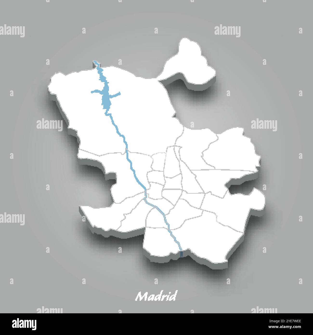 Isometric 3D map of Madrid showing rivers and lakes in blue with a gray background Stock Vector ...