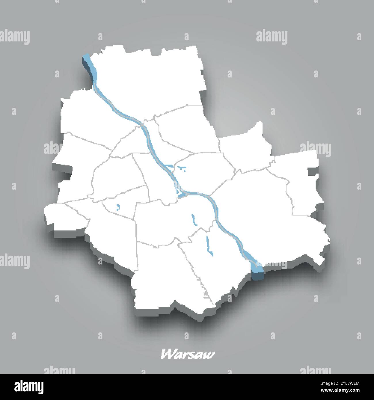 Isometric 3D map of Warsaw showing rivers and lakes in blue with a gray ...