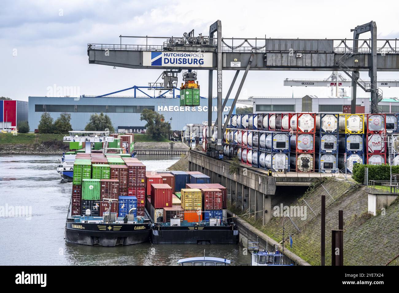 Port of Duisburg Ruhrort, container cargo ship being loaded and ...