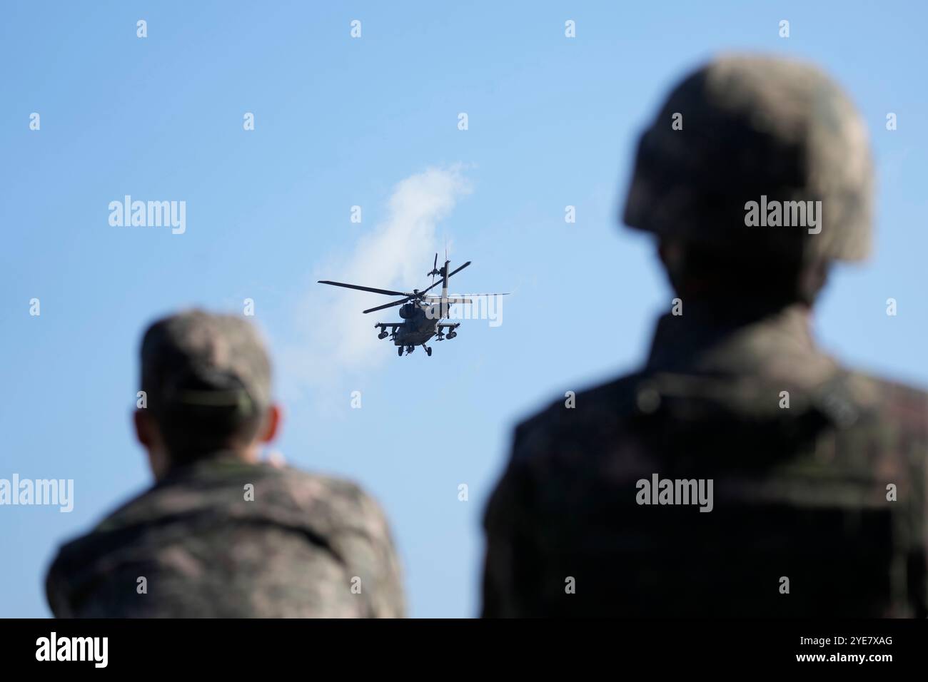 A South Korean army AH-64E Apache helicopter flies during a combined ...