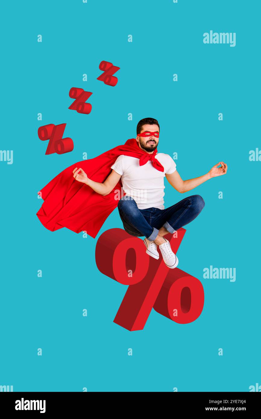 Vertical photo collage of happy superhero man do yoga buddhism retreat ...