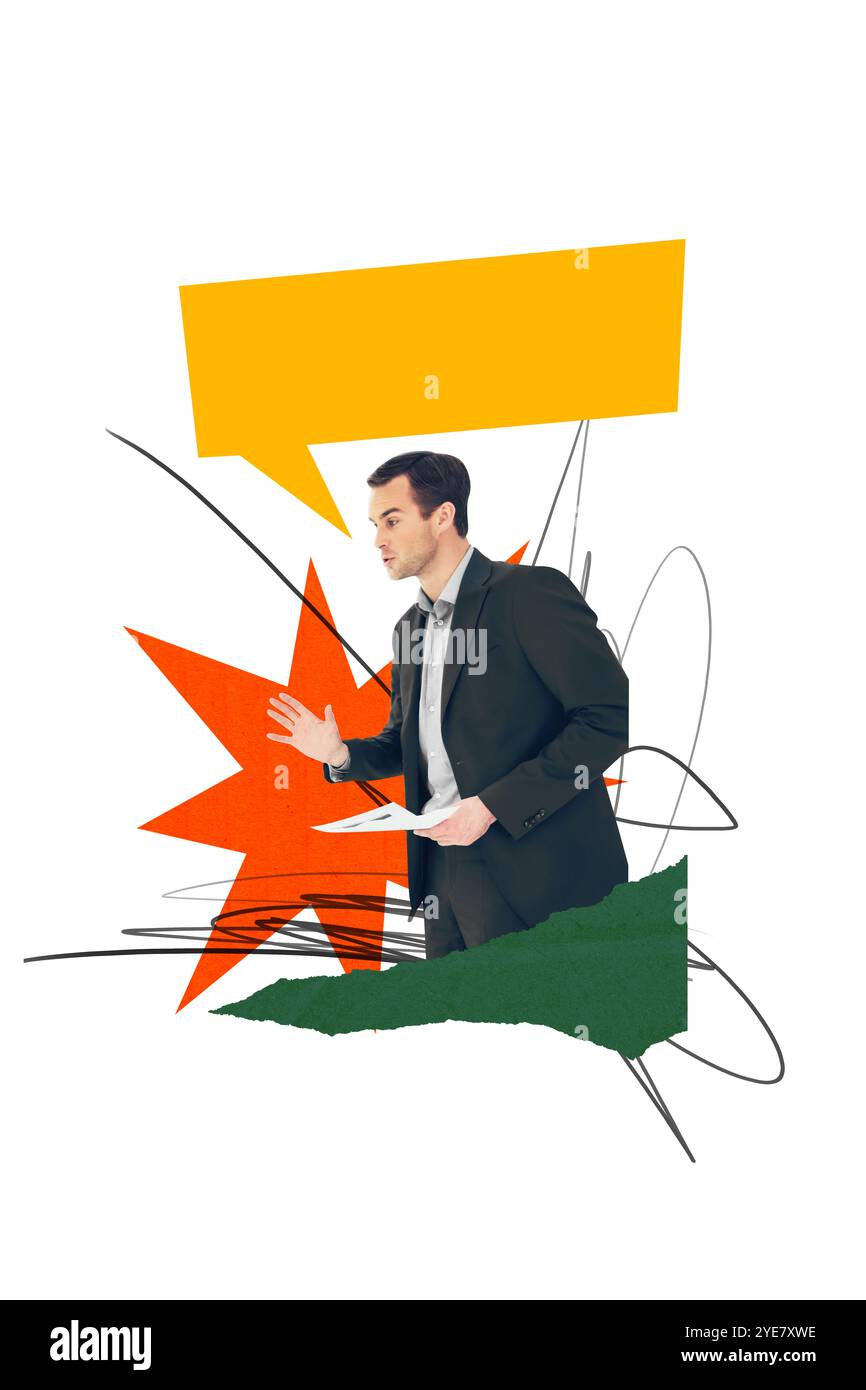 Vertical creative art collage of serious businessman hold paper sheet ...