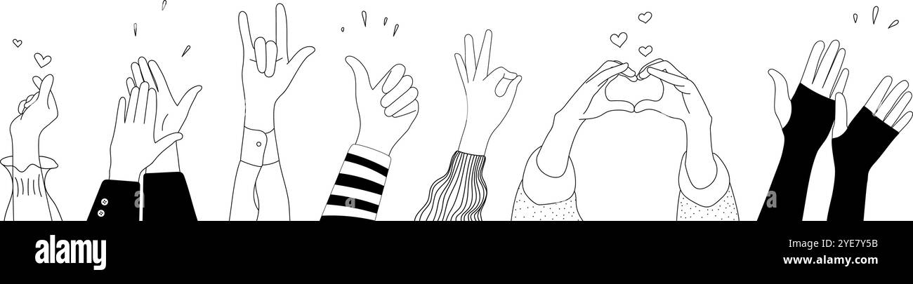 Doodle sketch hands up gestures comic icons silhouettes vector set ...