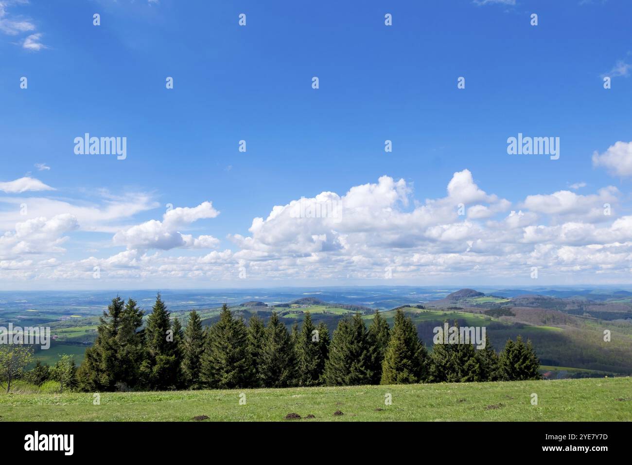 Wide green landscape with mountains and trees under a bright blue sky ...