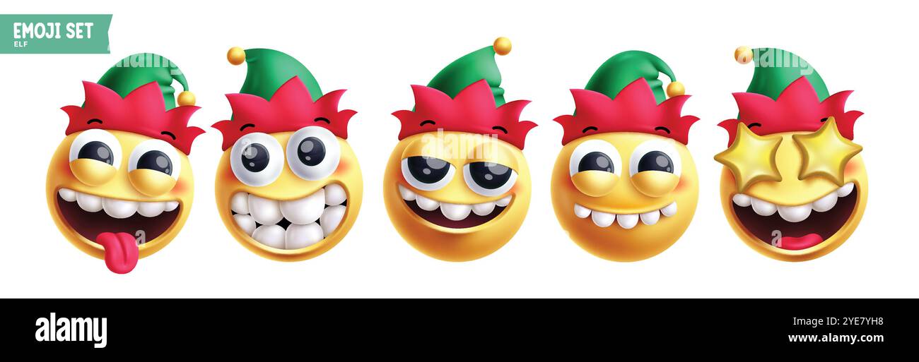 Emoji elf christmas emoticon characters vector set. Emojis xmas ...