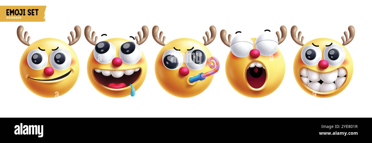 Emoji reindeer christmas emoticon characters vector set. Emojis xmas ...