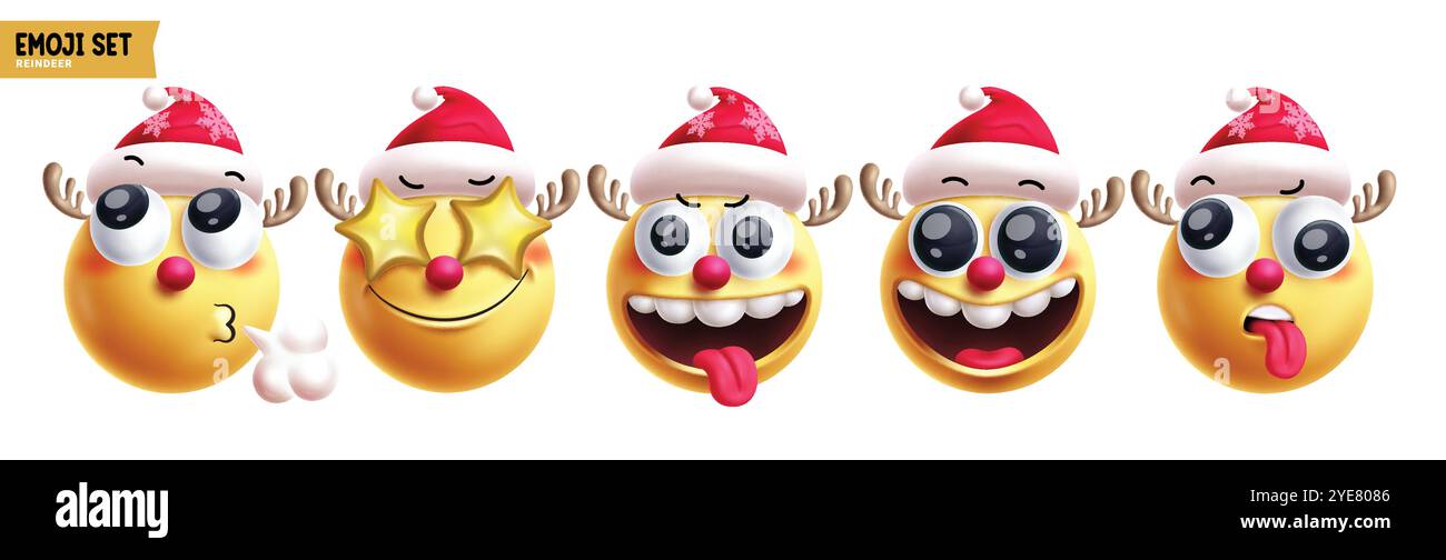 Emoji reindeer christmas emoticon characters vector set. Emojis xmas ...