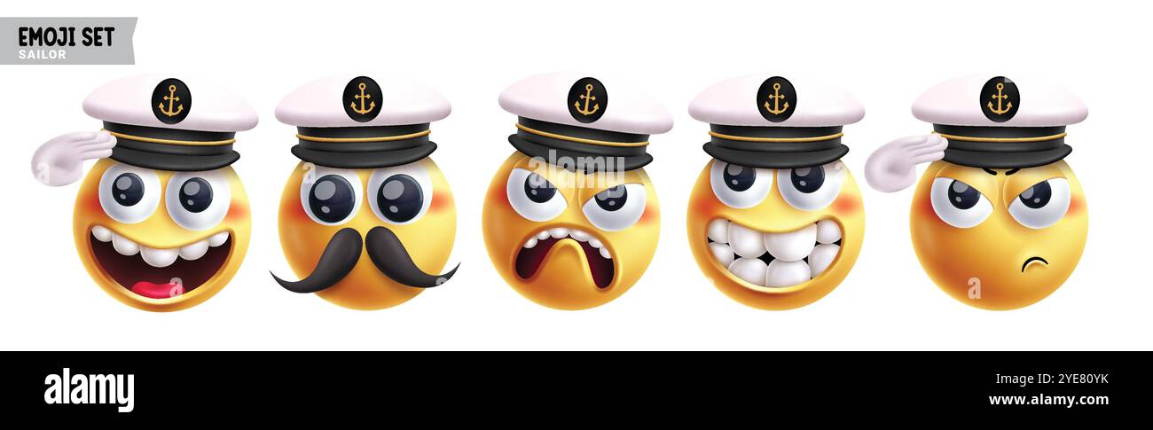 Emoji sailor emoticon characters vector set. Emojis marine ...