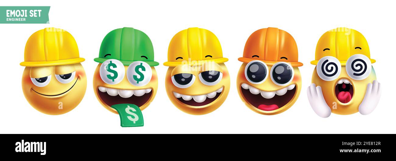 Emoji engineer emoticon characters vector set. Emojis 3d contractor ...