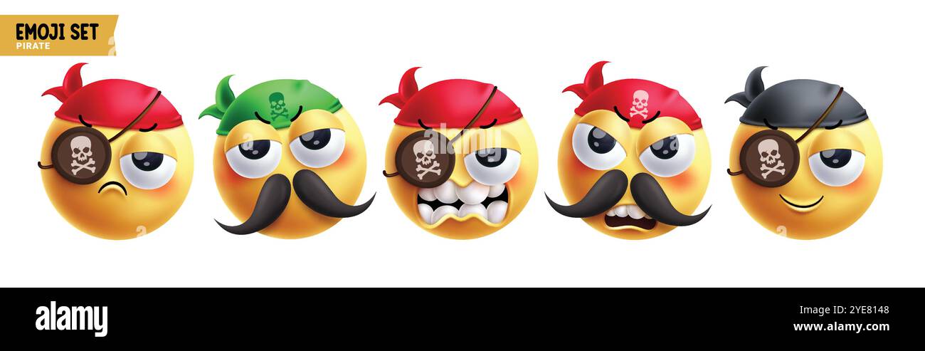 Emoji pirate emoticon characters vector set. Emojis thief sailor ...