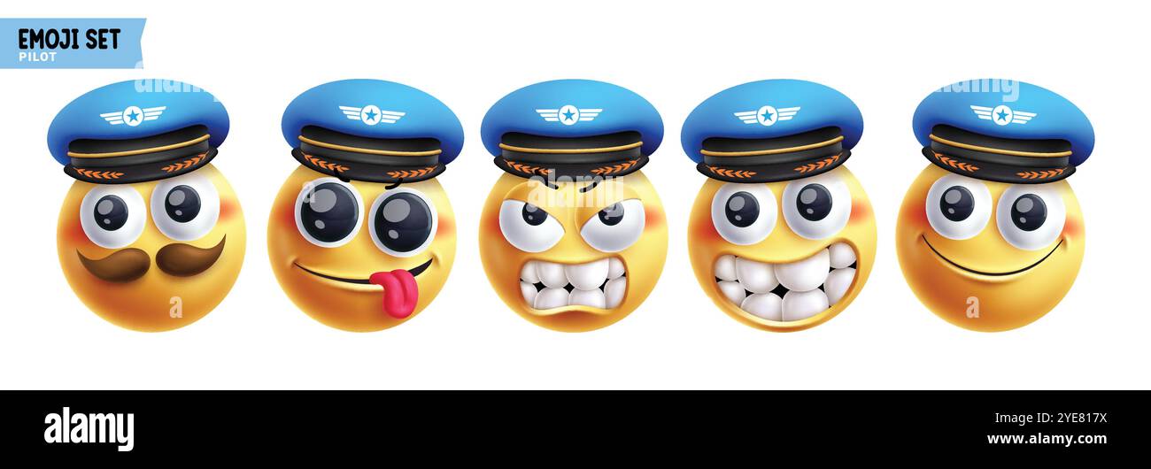 Emoji pilot emoticon characters vector set. Emojis 3d captain character ...