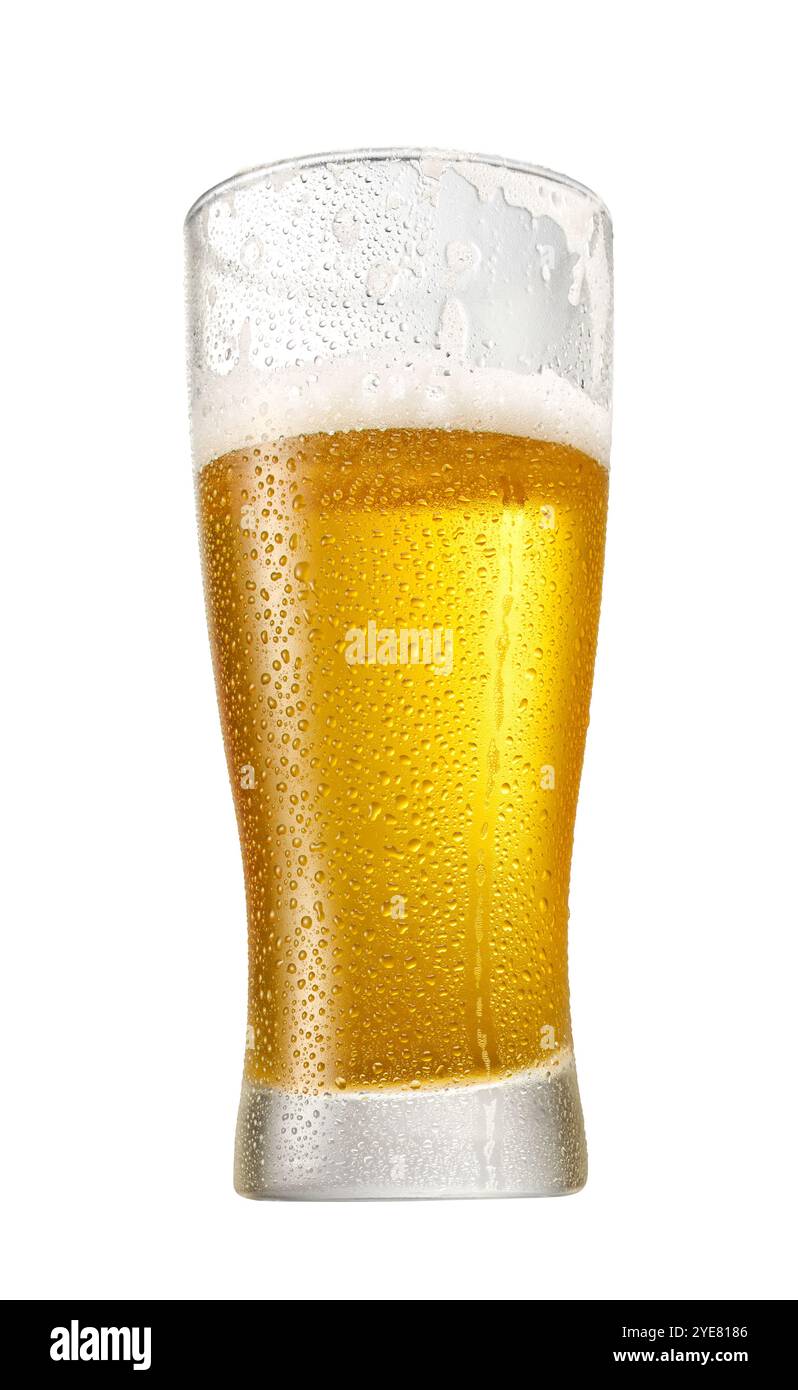 Half full beer with lacing on top isolated - clipping path included ...