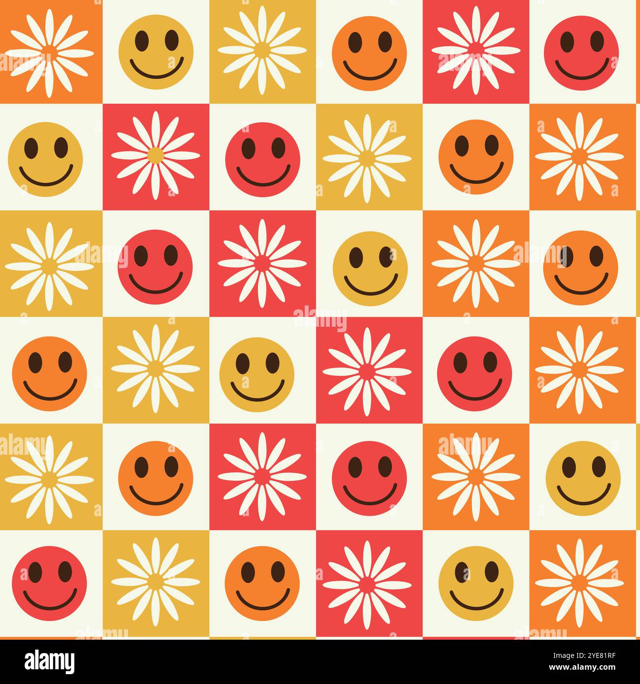 Daisy flower seamless pattern retro positive smiling faces hi-res stock ...