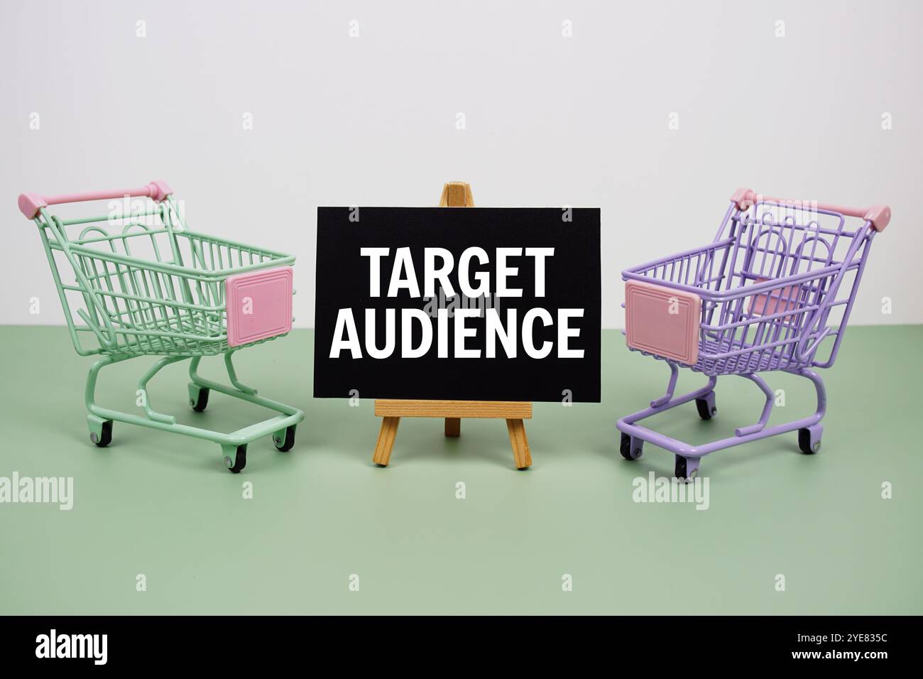 Target Audience text message and trolley shopping cart on green ...