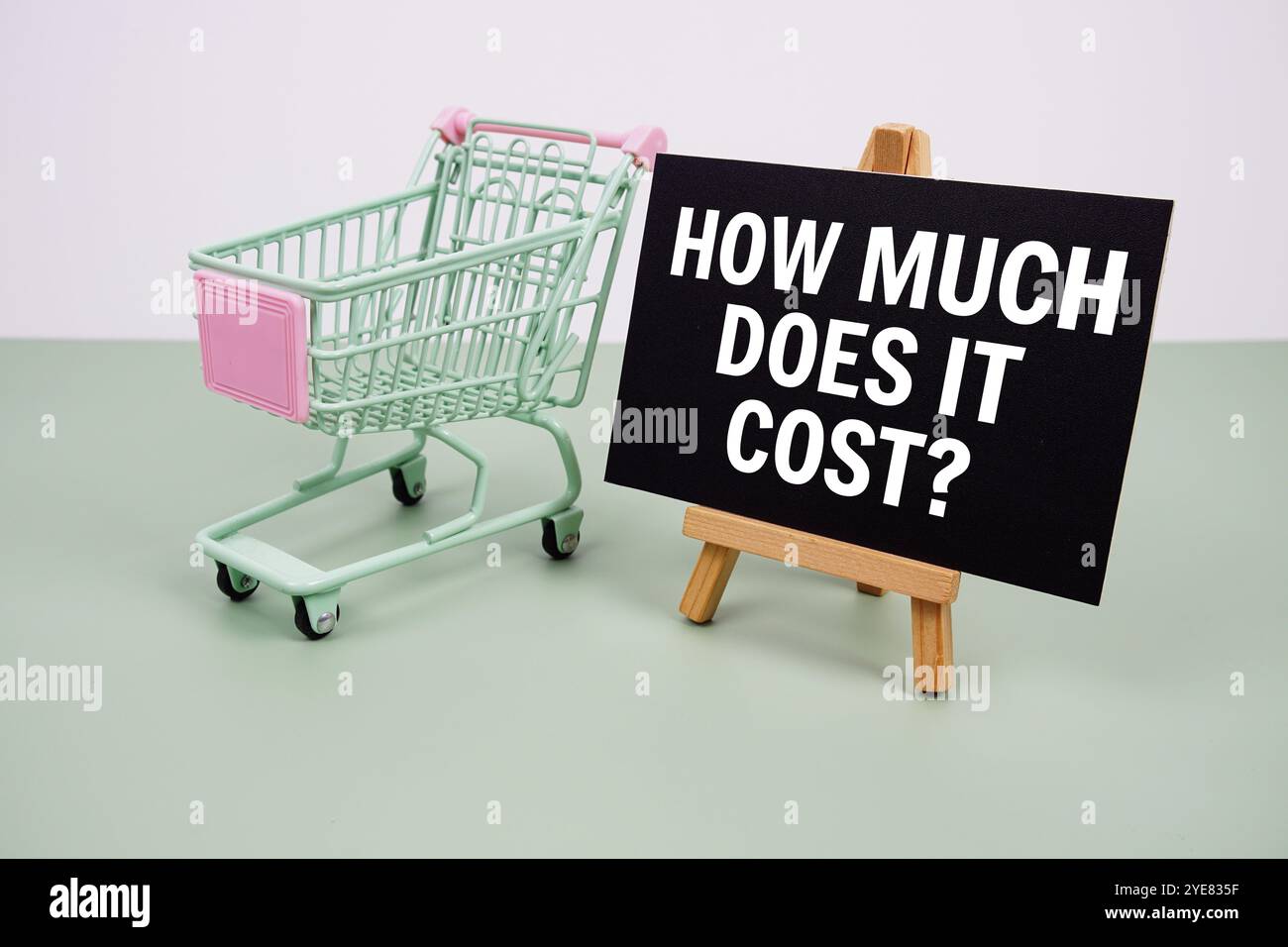 How much does it cost? text message and trolley shopping cart on green ...