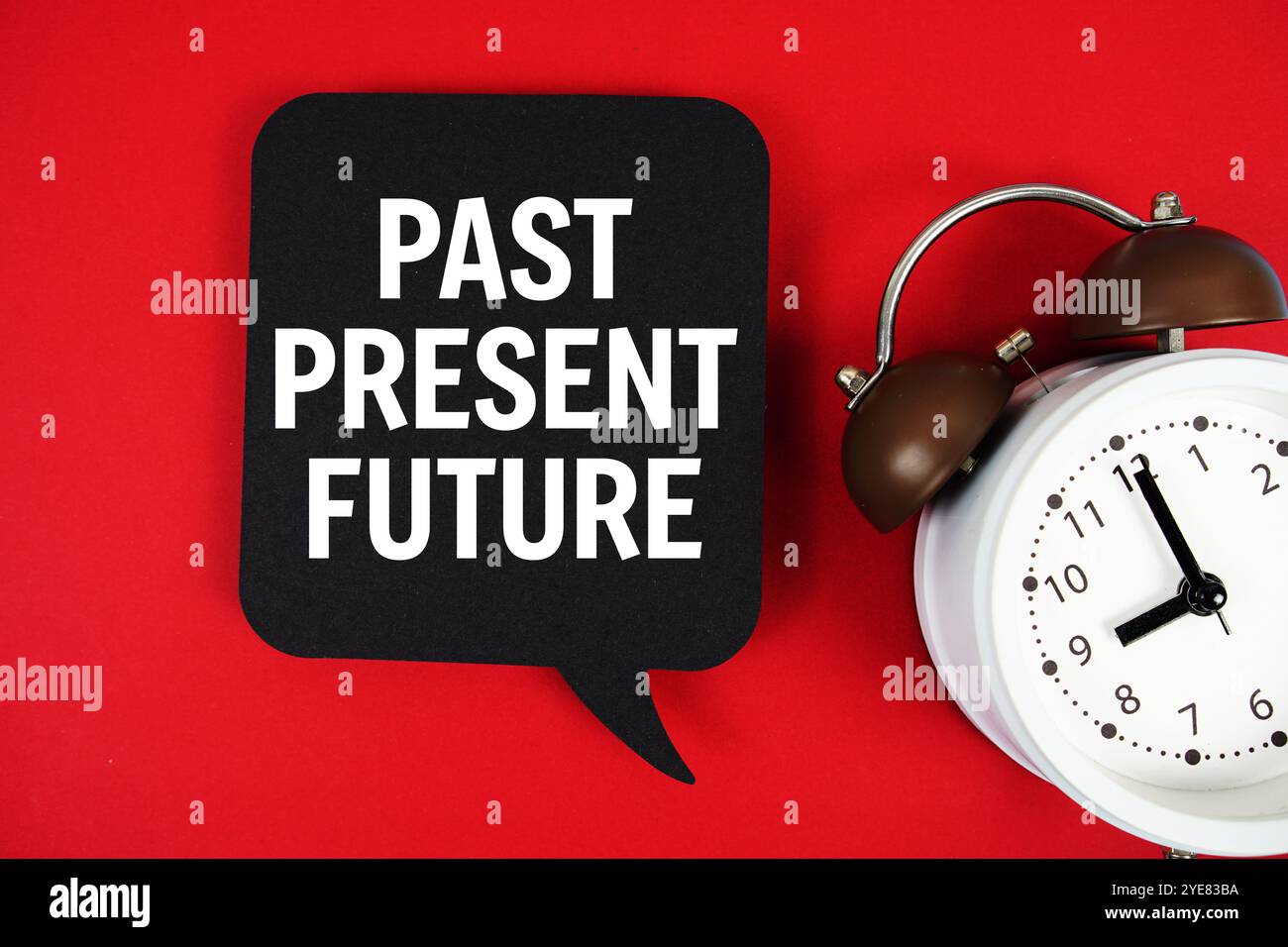 Past Present Future text on speech bubble with alarm clock on red ...