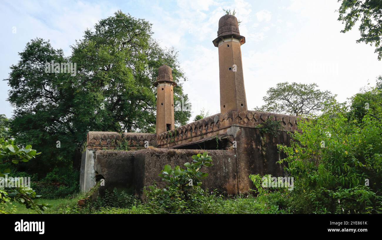 View of the ruined mosque near Dhamoni Fort, located in Sagar, Madhya ...